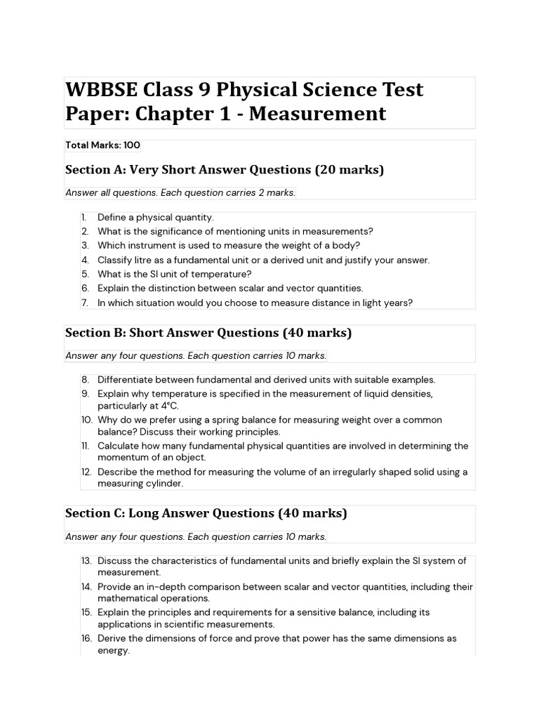 WBBSE Class 9 Physical Science Test Paper | PDF | Force | Atoms