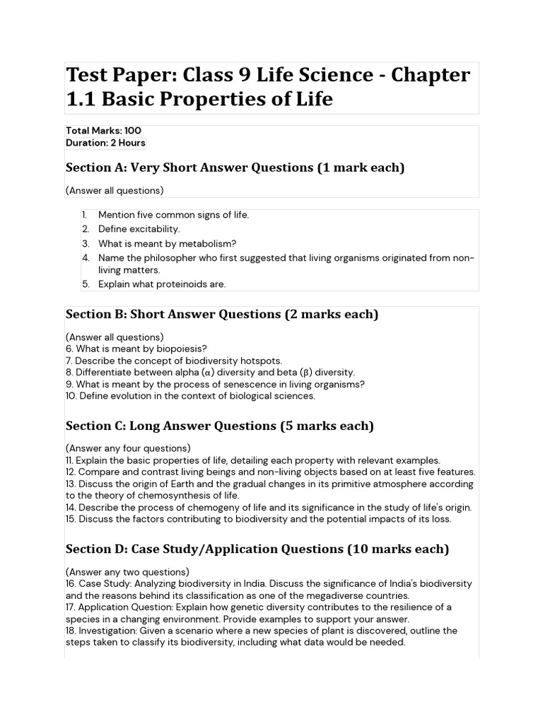 WBBSE Class 9 Life Science Test Paper | PDF | Tissue (Biology ...
