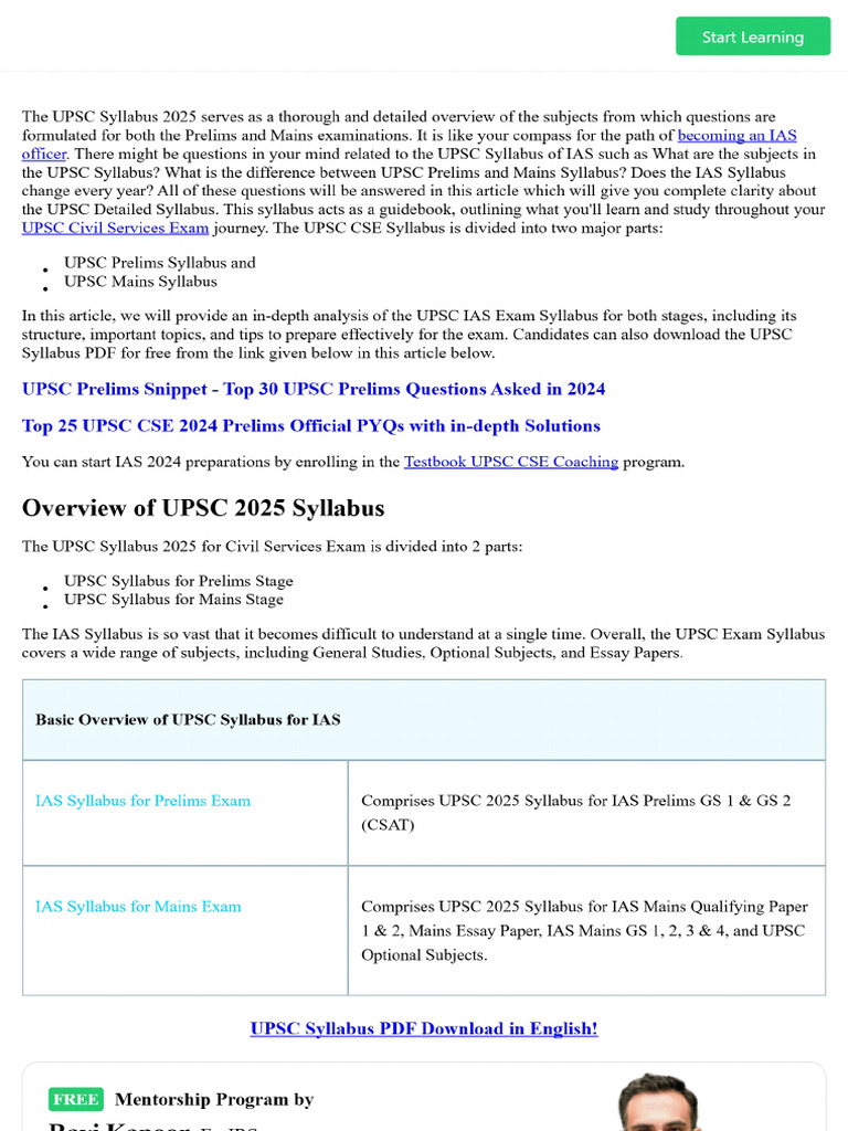 UPSC Syllabus 2025 - IAS Prelims & Mains Syllabus PDF | PDF