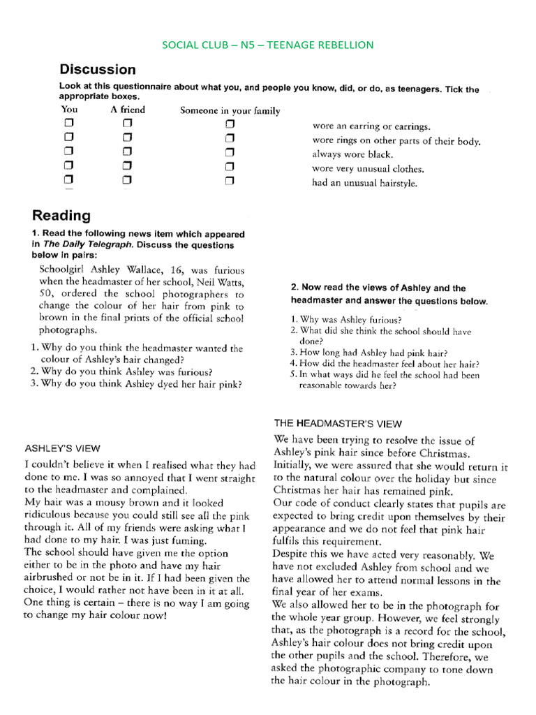N5_Teenage rebellion_Worksheet | PDF
