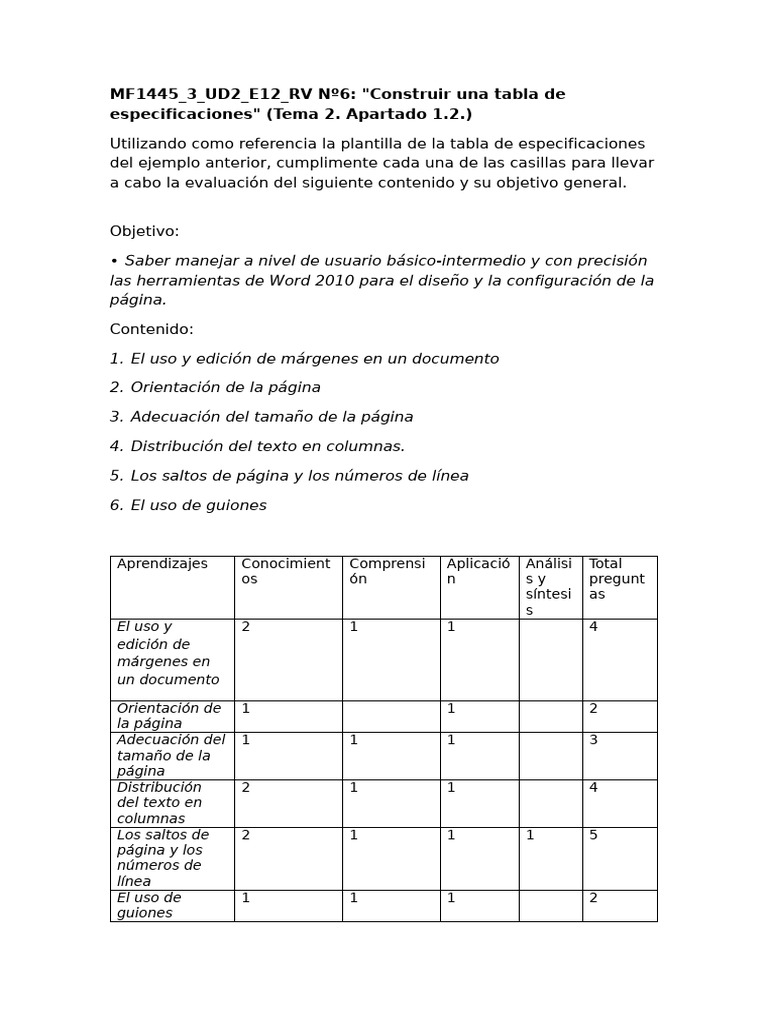 MF1445 - 3 - UD2 - E12 - RV Nº6 Construir Una Tabla de Especificaciones | PDF