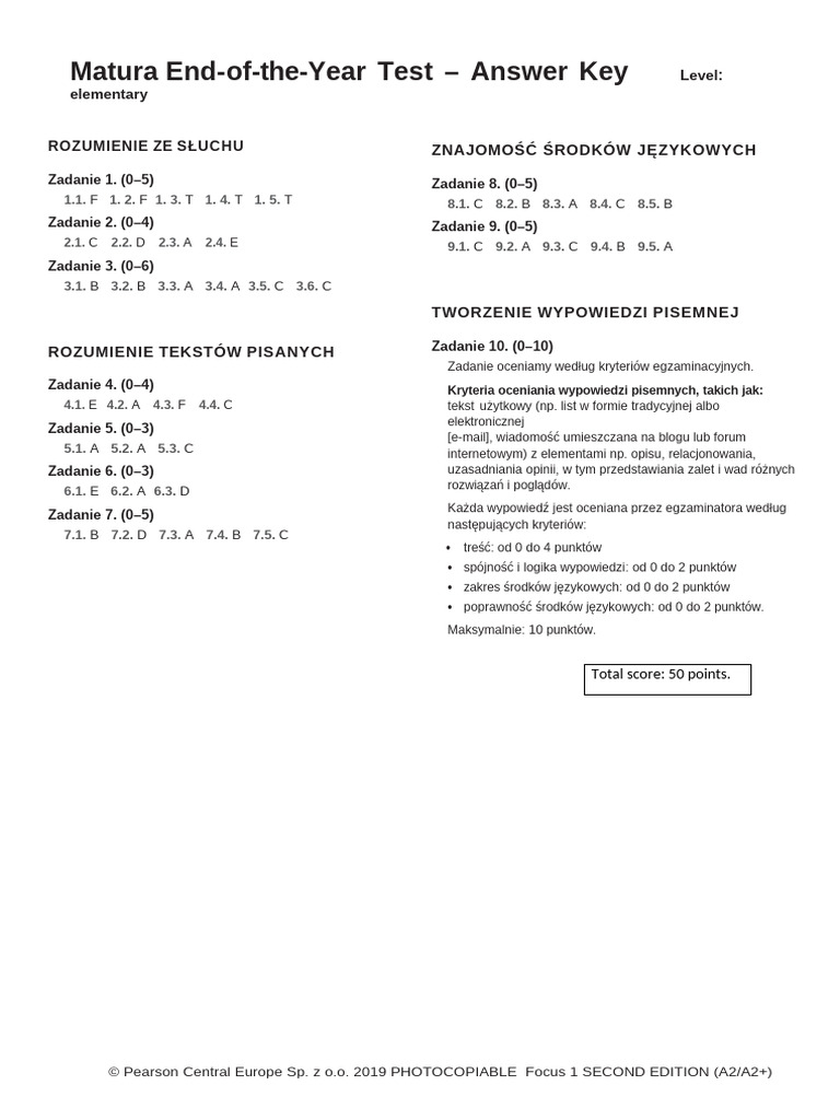 Focus1 2E End-Of-The-Year Test Elementary ANSWERS | PDF