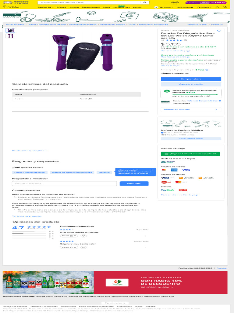 Estuche de Diagnóstico Pocket Led Welch Allyn®3 Lúmenes Lila Meses Sin ...