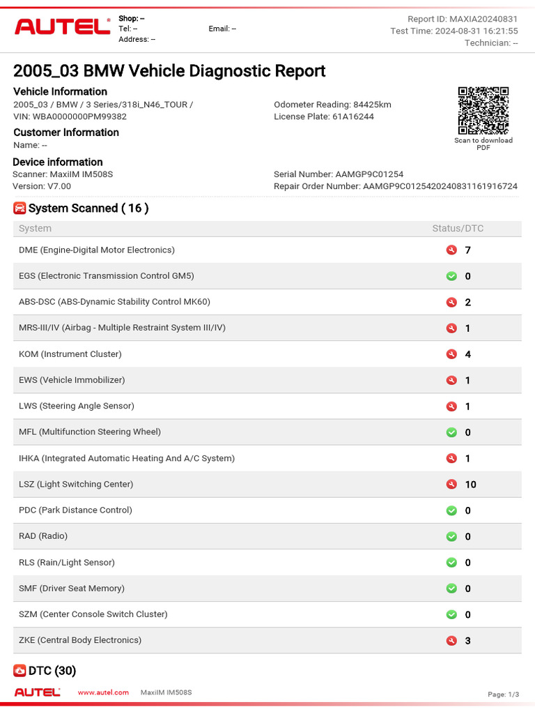 2005 - 03 BMW Vehicle Diagnostic Report - WBA0000000PM99382 ...