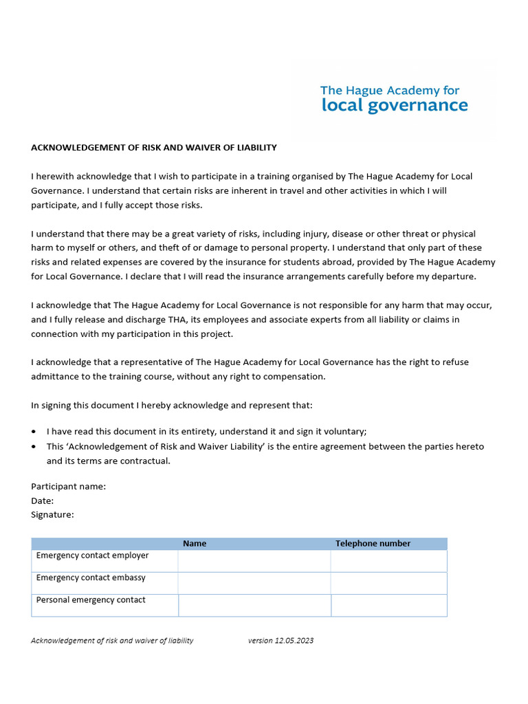 THA Waiver of Liability (Participants With THA Insurance) - 1 | PDF