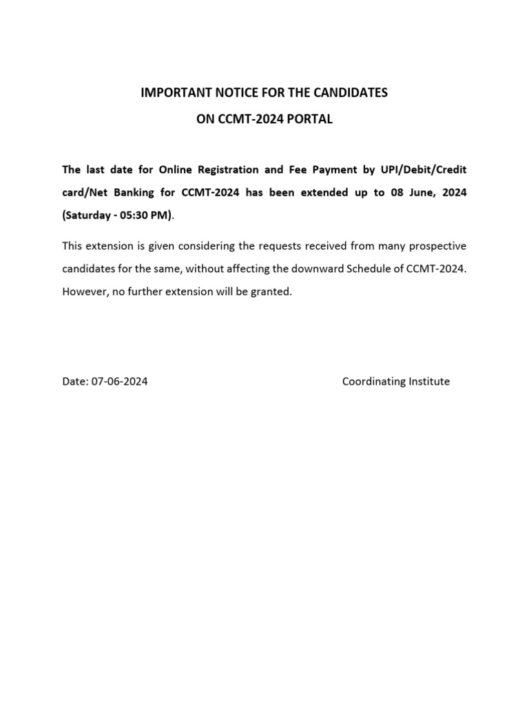 CCMT-2024 Registration Deadline Extended | PDF