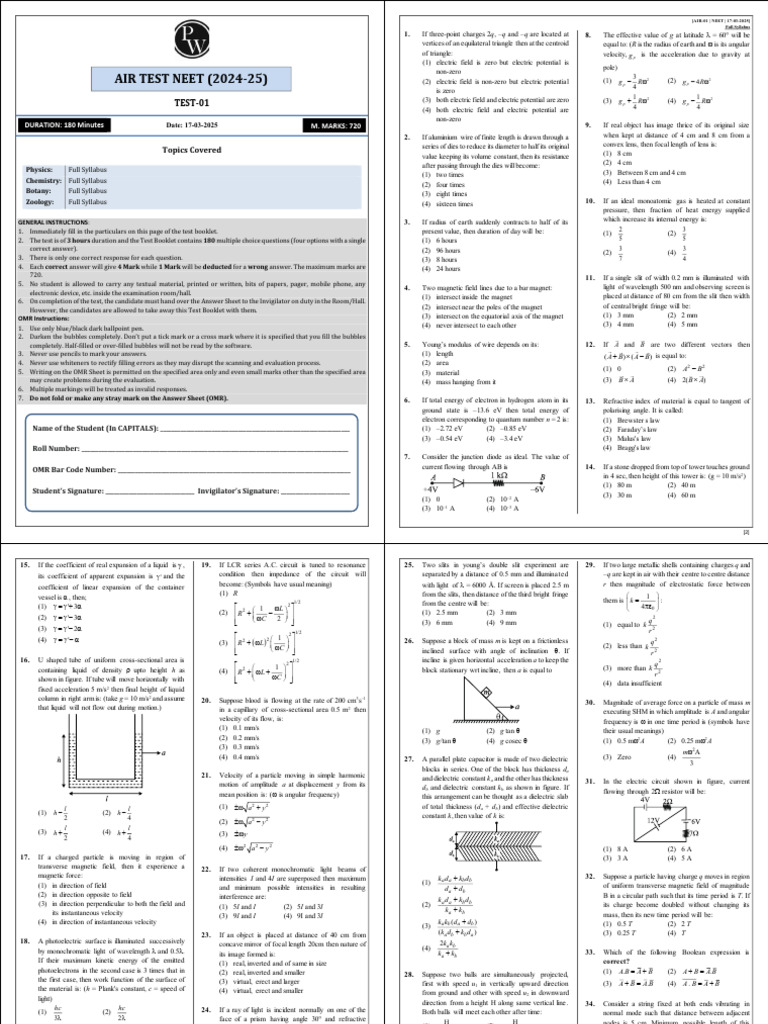 AIR Test-01 - NEET (2024-25) - 17!03!2025 - Question Paper | PDF ...