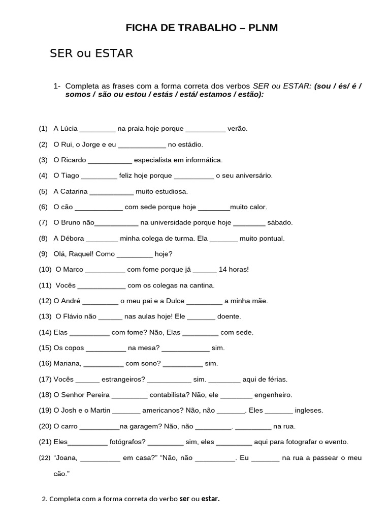 Exercícios de Verbos SER e ESTAR | PDF