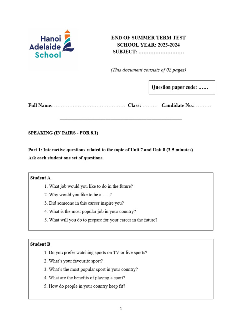 23-24 - English - ODF3 (8.1) - End of Summer Term Test - Speaking | PDF
