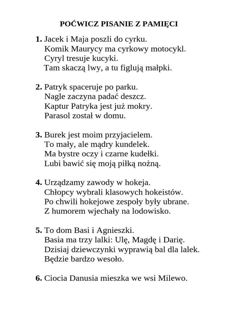 KrÃ Tkie Teksty Do Pisania Z Pamiä - Ci - Kl. 1-2 | PDF