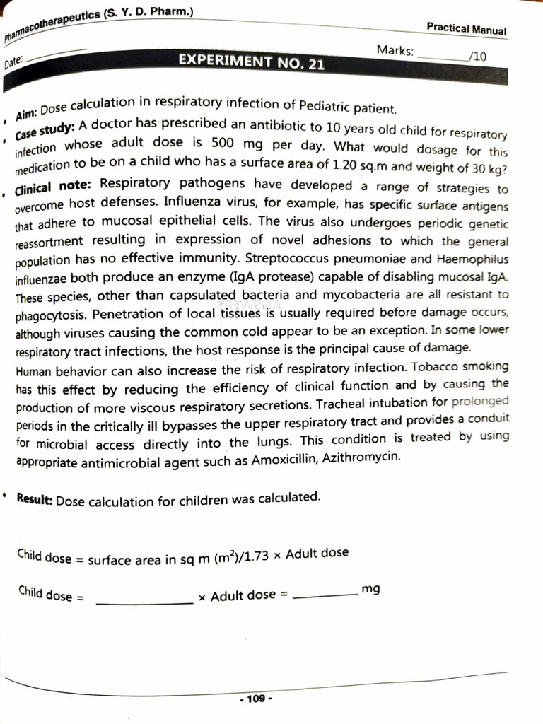 Expt. No. 20 Dosage Calculation For Paediatrics For Respiratory ...