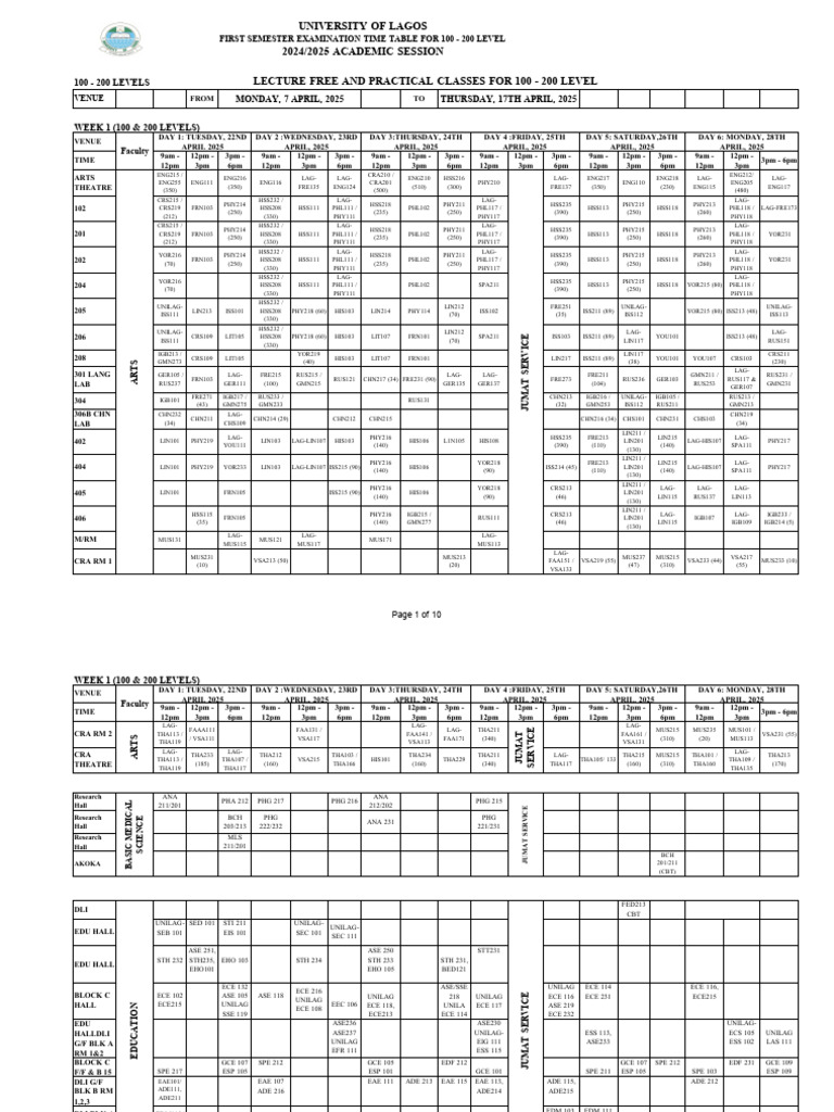 General Time Table For Exams 100 200 Level New 1 | PDF | Public ...