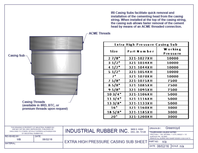 IRI Extra High Pressure Casing Sub CutSheet 7087705 01 | PDF