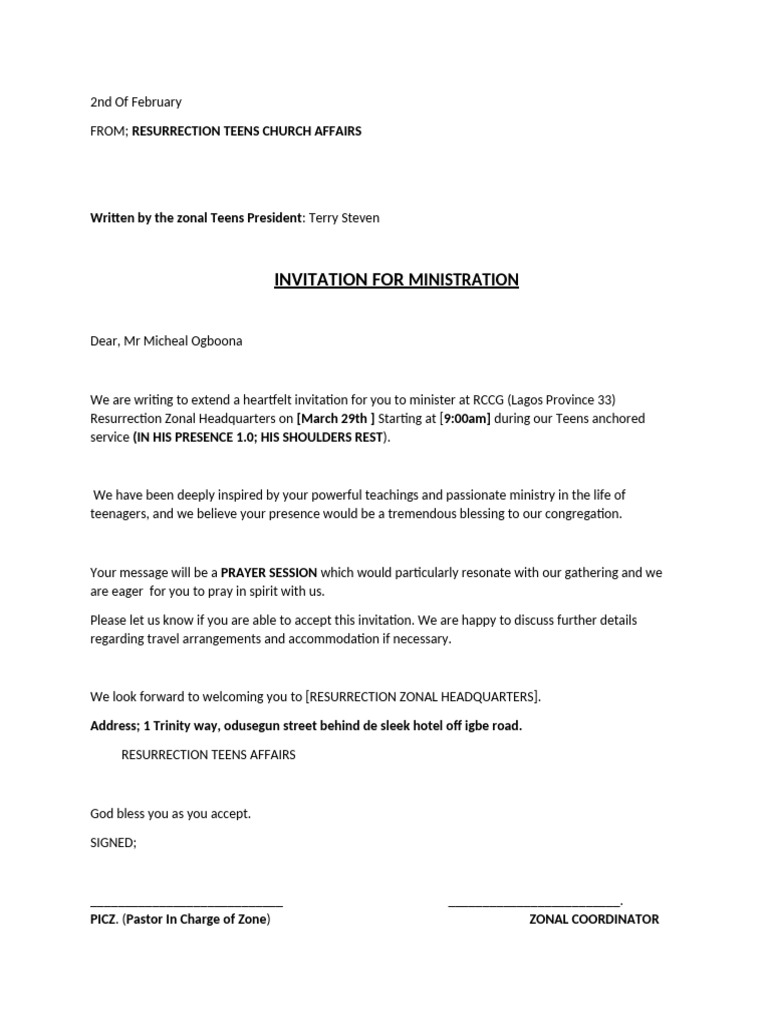 Invitation to Minister at RCCG Teens Service | PDF