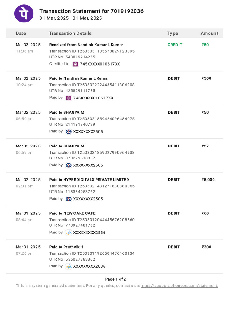 PhonePe_Statement_Mar2025_Mar2025 (1) | PDF | Debits And Credits | Financial Services