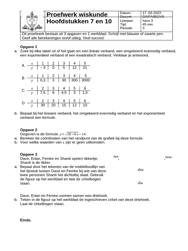 Proefwerk Wiskunde Hoofdstukken 7 en 10: Opgave 1 | PDF