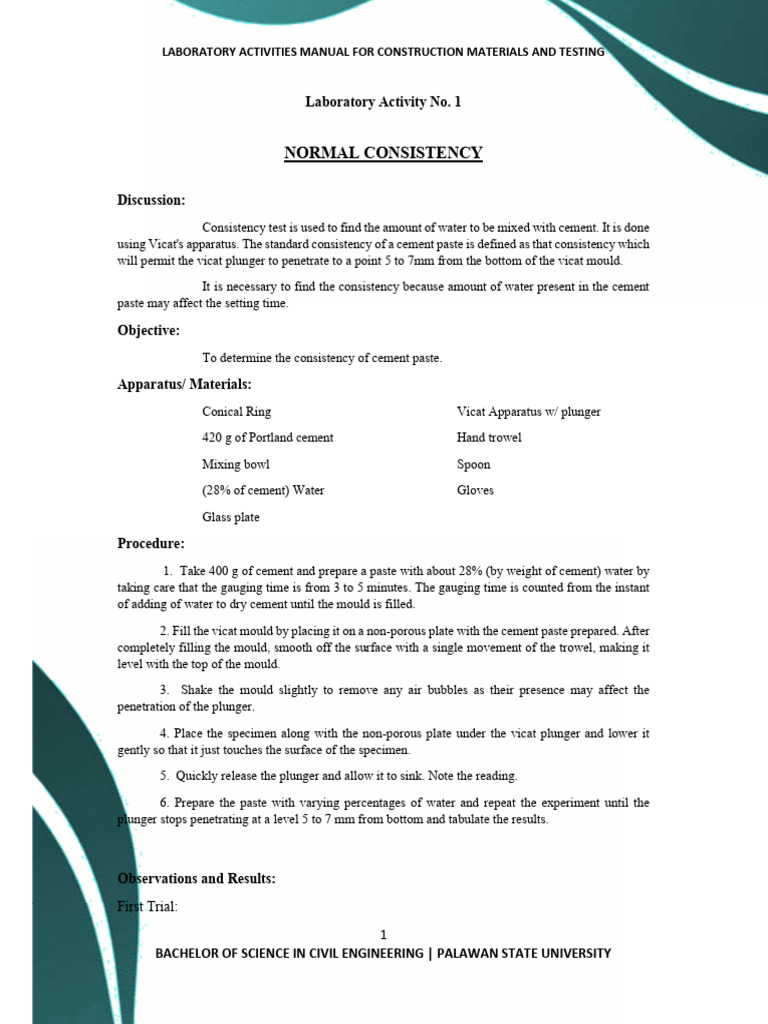Lab. 1 Normal Consistency | PDF | Cement | Materials