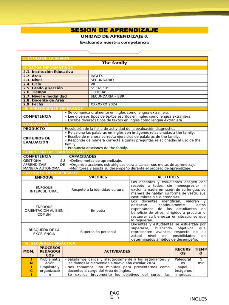 5° Sesion Actv o - Ingles 2024 | PDF | Evaluación | Aprendizaje