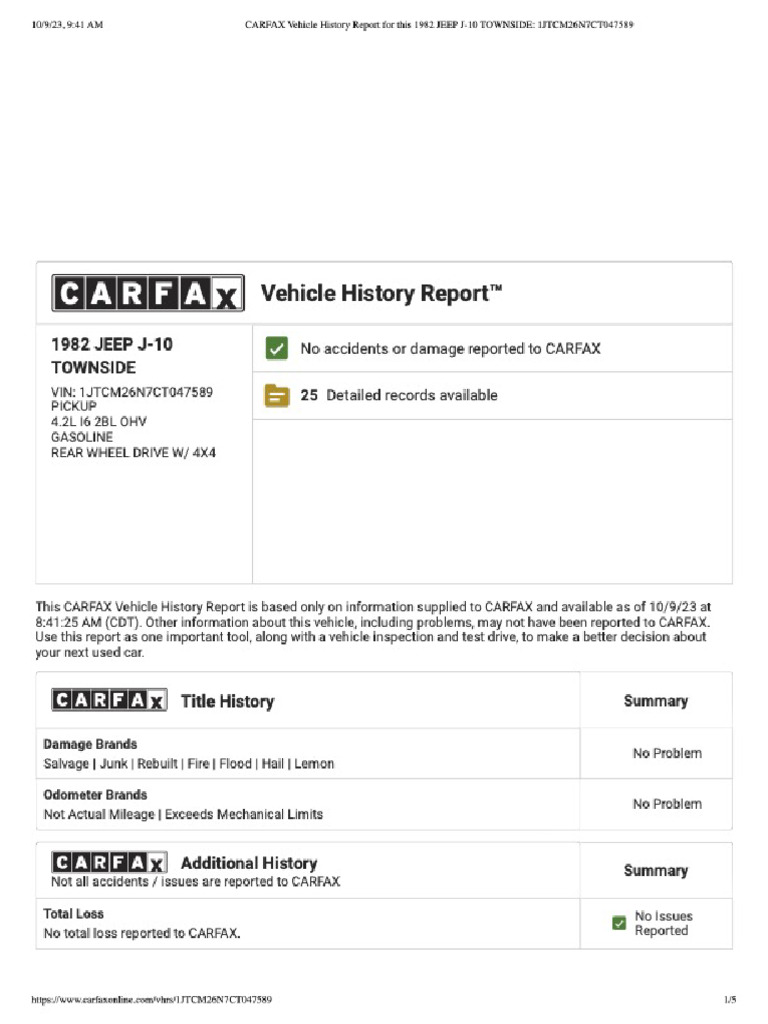 Jeep J10 CarFax History Report | PDF | Vehicles