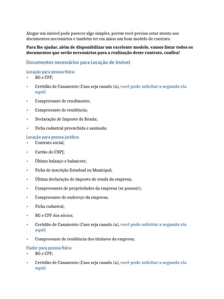 Documentos para Contrato de Aluguel | PDF | Aluguel | Direito Privado