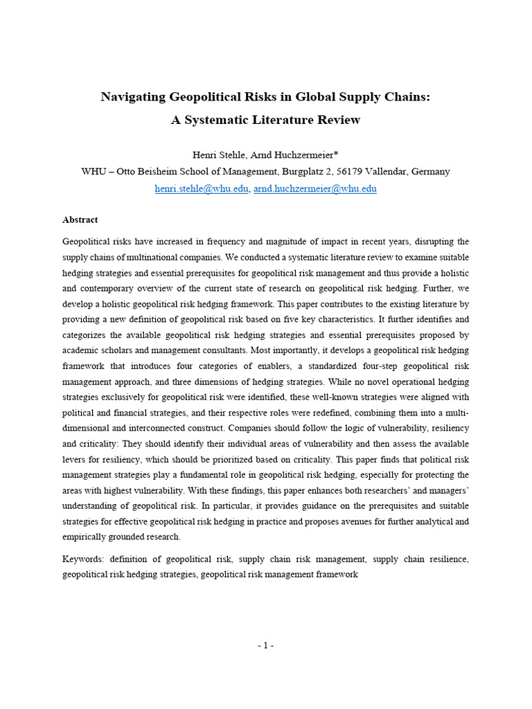 Navigating Geopolitical Risks in Global Supply Chains: A Systematic ...