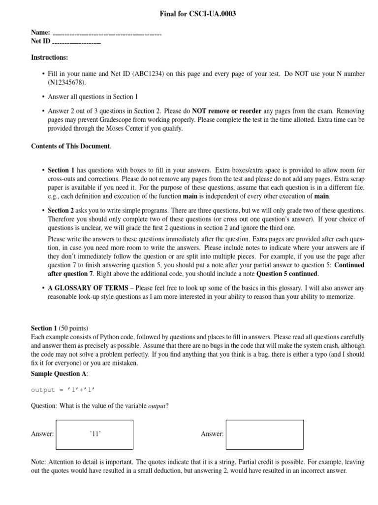 CSCI-UA.0003 Final Exam Instructions | PDF | Control Flow | String ...