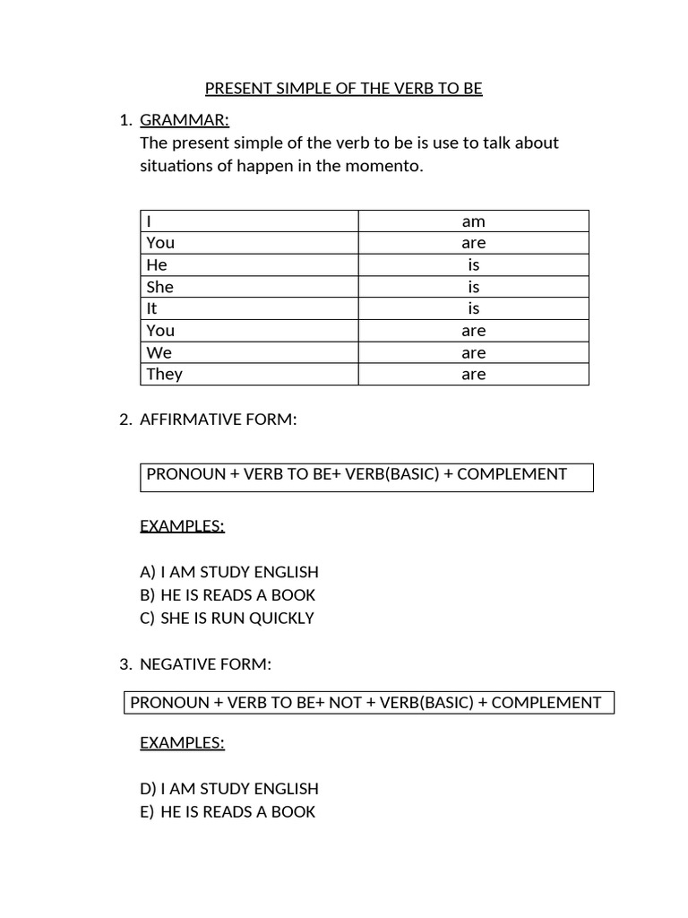 Present Simple of The Verb To Be Grammar | PDF