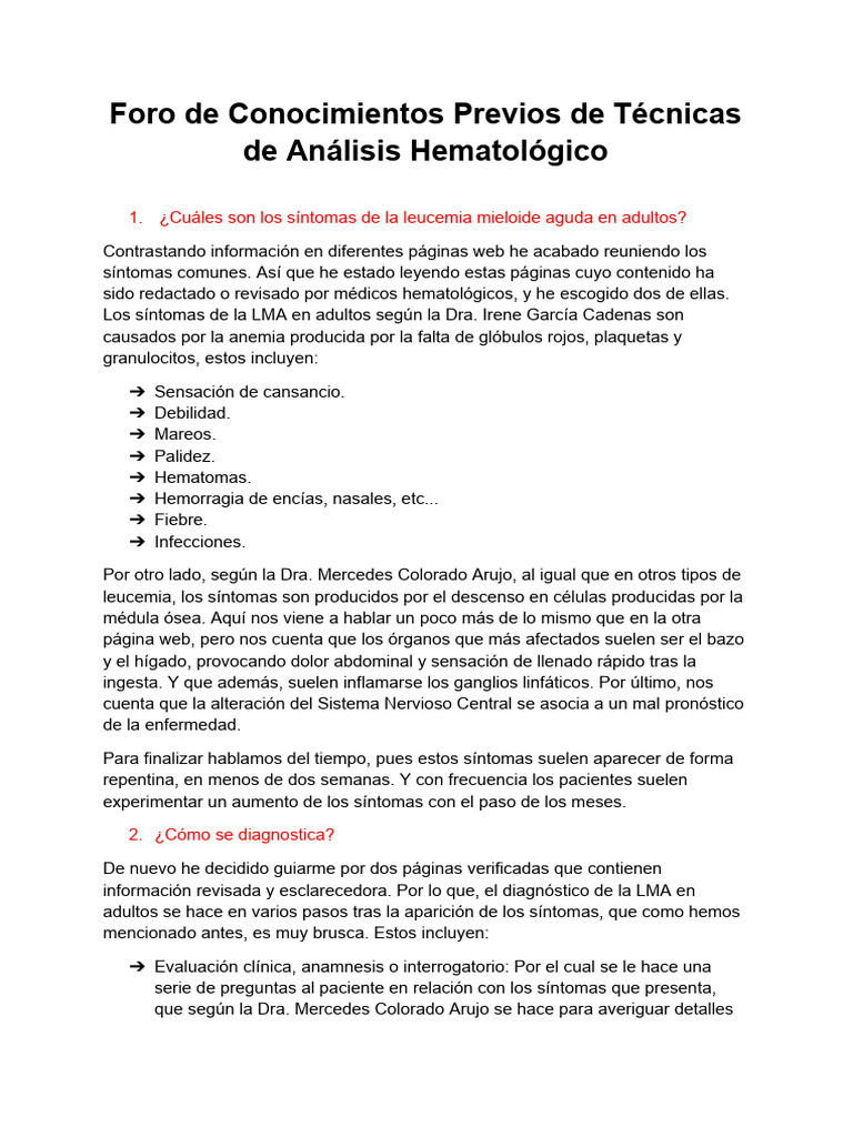 Foro de Conocimientos Previos de Técnicas de Análisis Hematológico | PDF | Leucemia | Trasplante ...