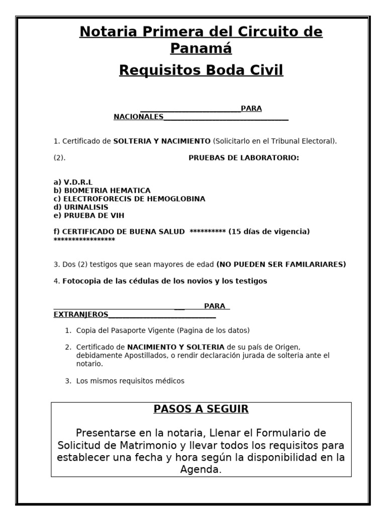 Notaria Primera de Panama Requisitos de Matrimonios | PDF