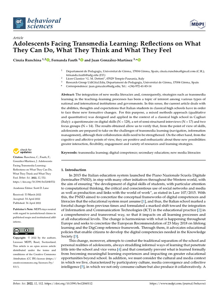 Adolescents Facing Transmedia Learning - Reflections on What They Can Do, What They Think and ...