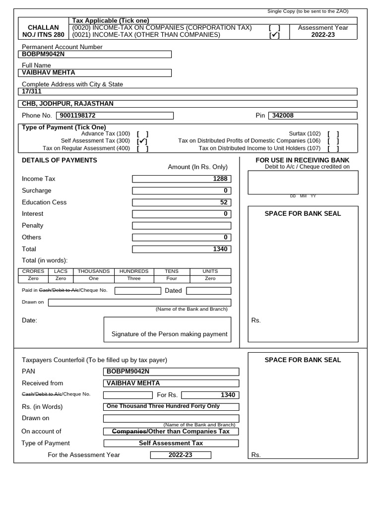 Vaibhav Mehta Tax Challan | PDF | Payments | Income Tax