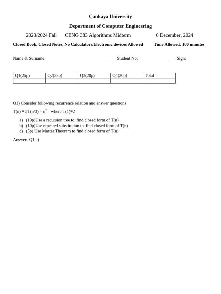 CENG 383 - Midterm - 2024 - 2025 - Fall | PDF | Theoretical Computer ...
