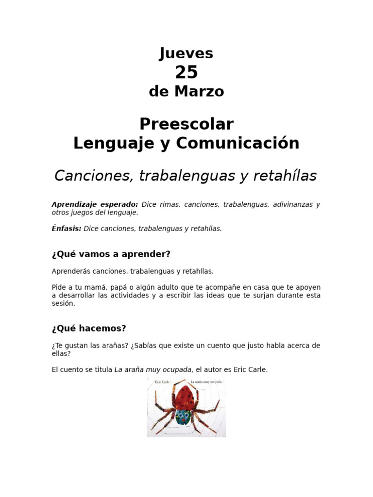 Preescolar 25 Marzo COMUNICACION | PDF | Telaraña