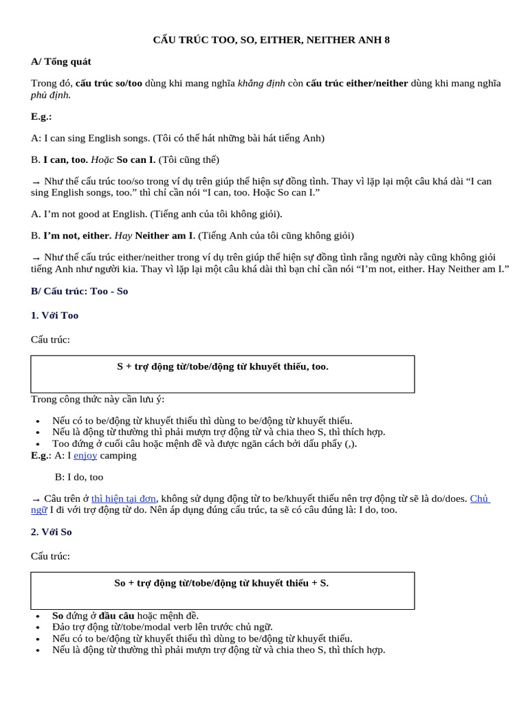 CẤU TRÚC TOO, SO, EITHER NEITHER ANH 7 | PDF