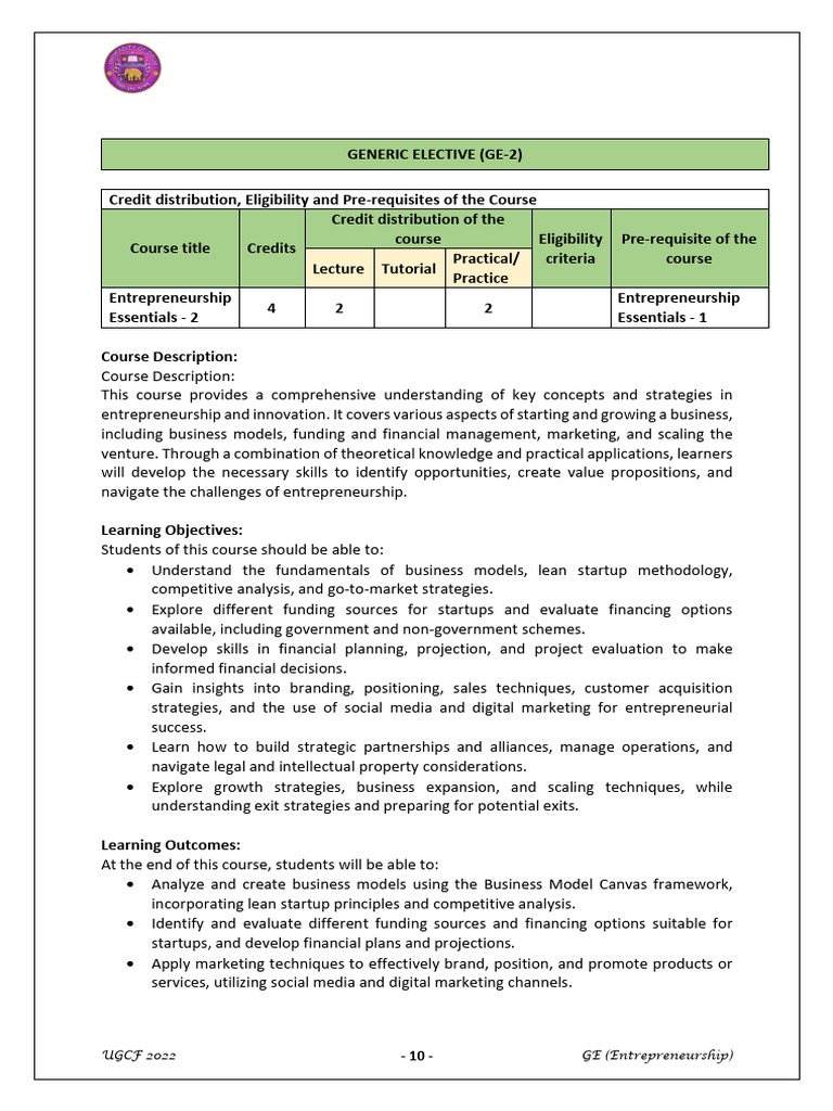 Entrepreneurship Essentials 2 Syllabus | PDF | Entrepreneurship | Small ...