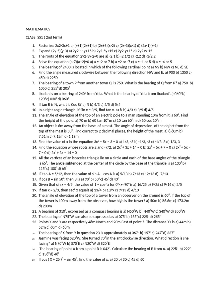 SS1 Mathematics Questions & Answers | PDF | Circle | Trigonometry