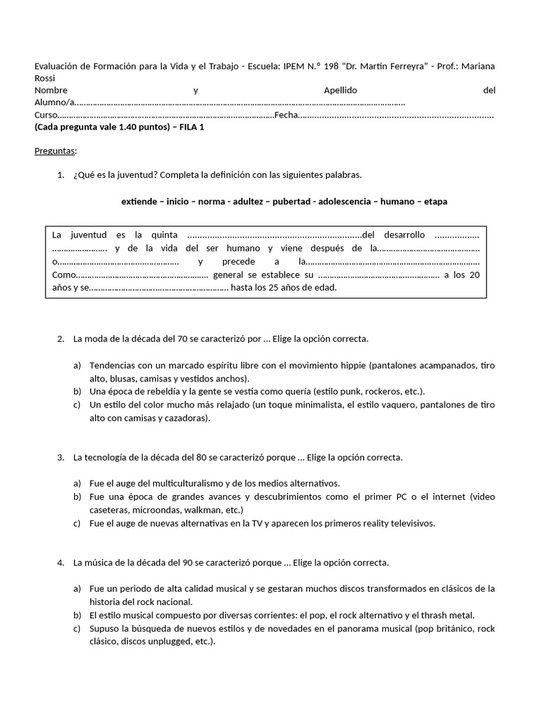 2da Eval. Junio de FVT Unidad 2 - F1 | PDF | Música pop | Adolescencia