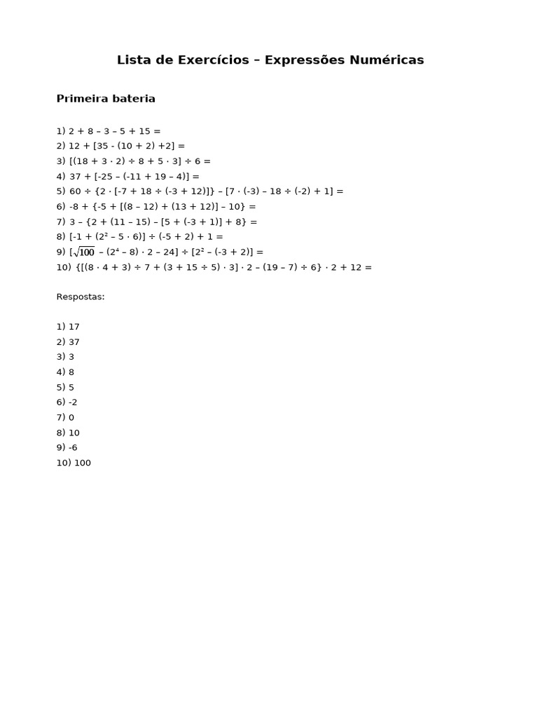 Exercícios de Expressões Numéricas | PDF