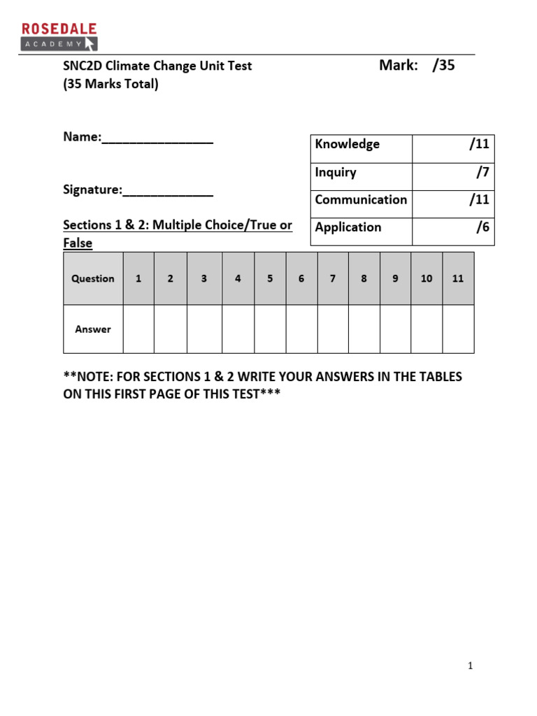 SNC2D Unit 3 Climate Change Unit Test KICA | PDF | Greenhouse Effect ...