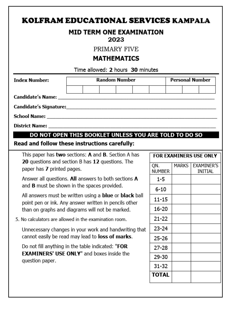 Kesk p5 Maths Midterm II 2023 | PDF | Mathematics