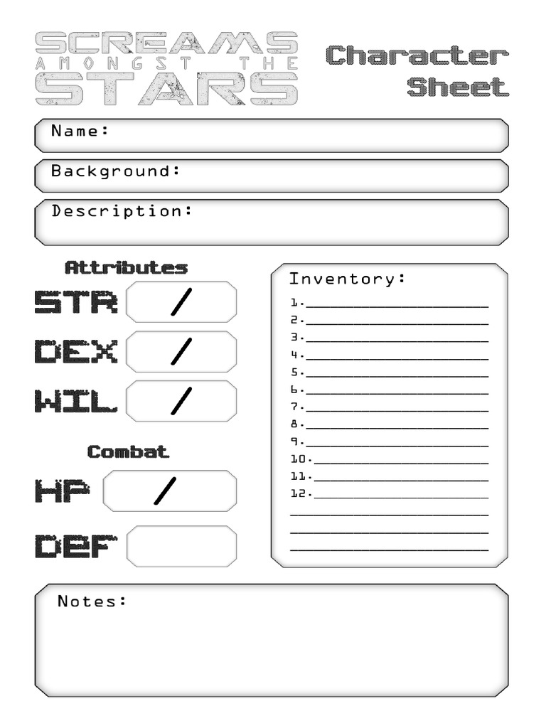 Screams Amongst the Stars - Character Sheet (Printer-Friendly) [2020] | PDF