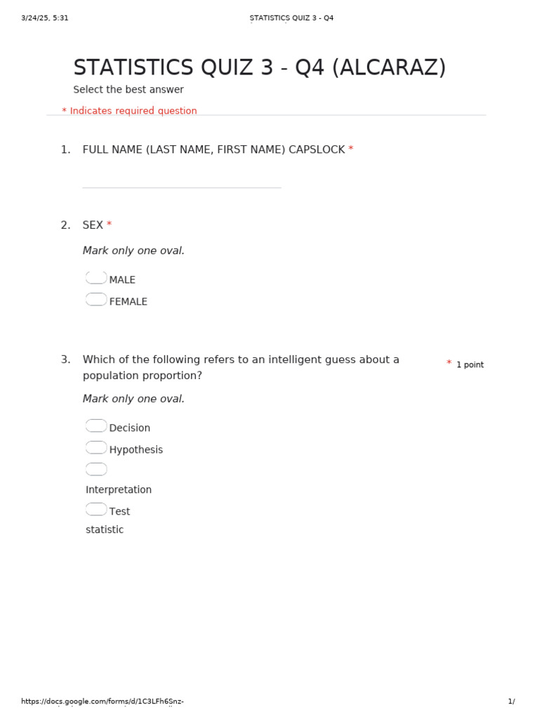STATISTICS QUIZ 3 - Q4 (ALCARAZ) - Google Forms | PDF | Statistical Significance | Null Hypothesis