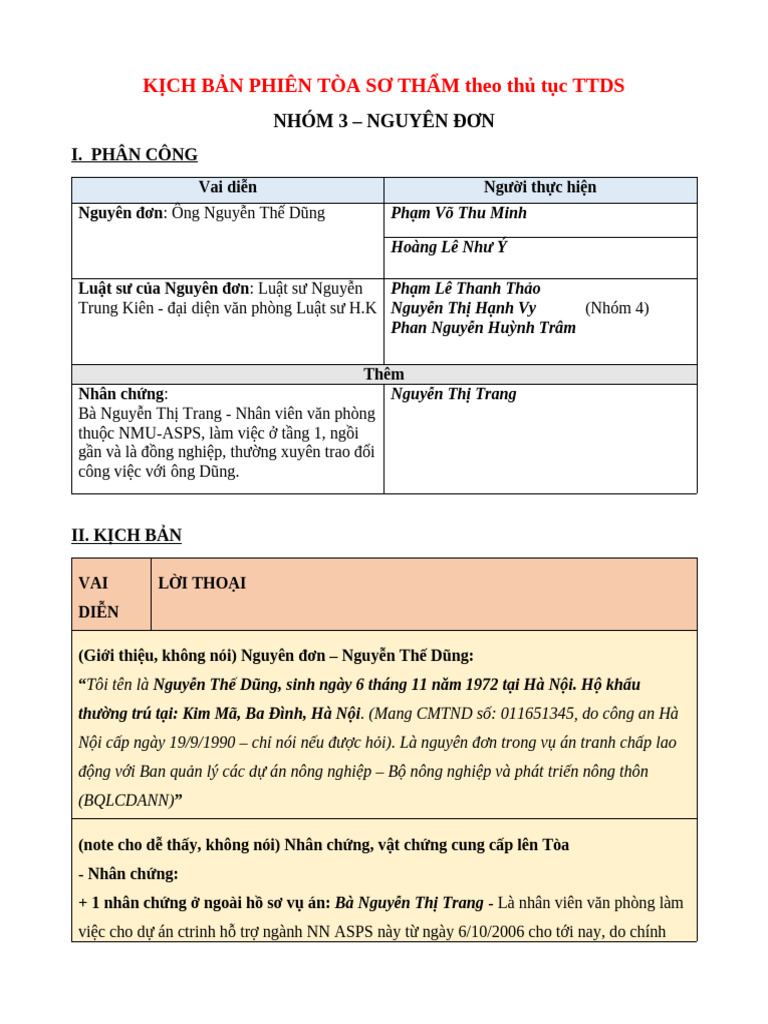 KỊCH BẢN PHIÊN TÒA SƠ THẨM theo thủ tục TTDS - NHÓM 3 (Nguyên đơn | PDF