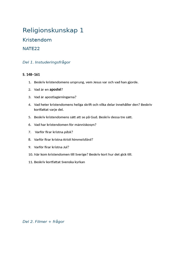 Kristendomen Fråger Religionskunskap 1 | PDF