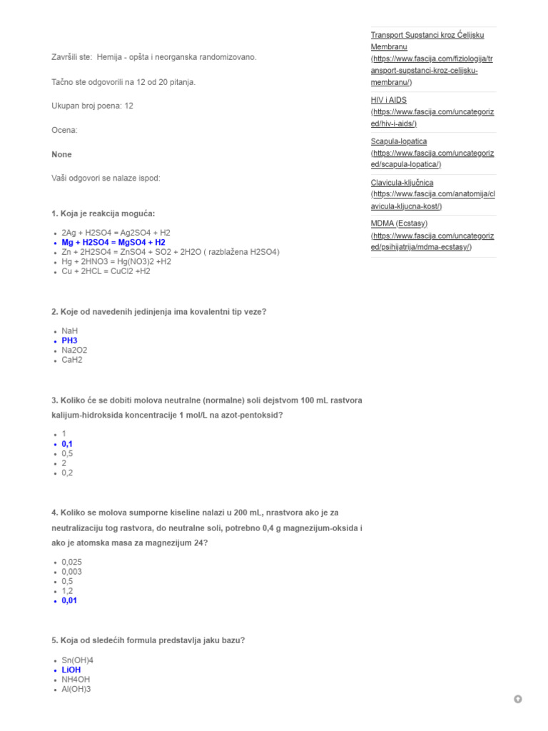 Opšta I Neorganska Hemija - TEST 1 | PDF