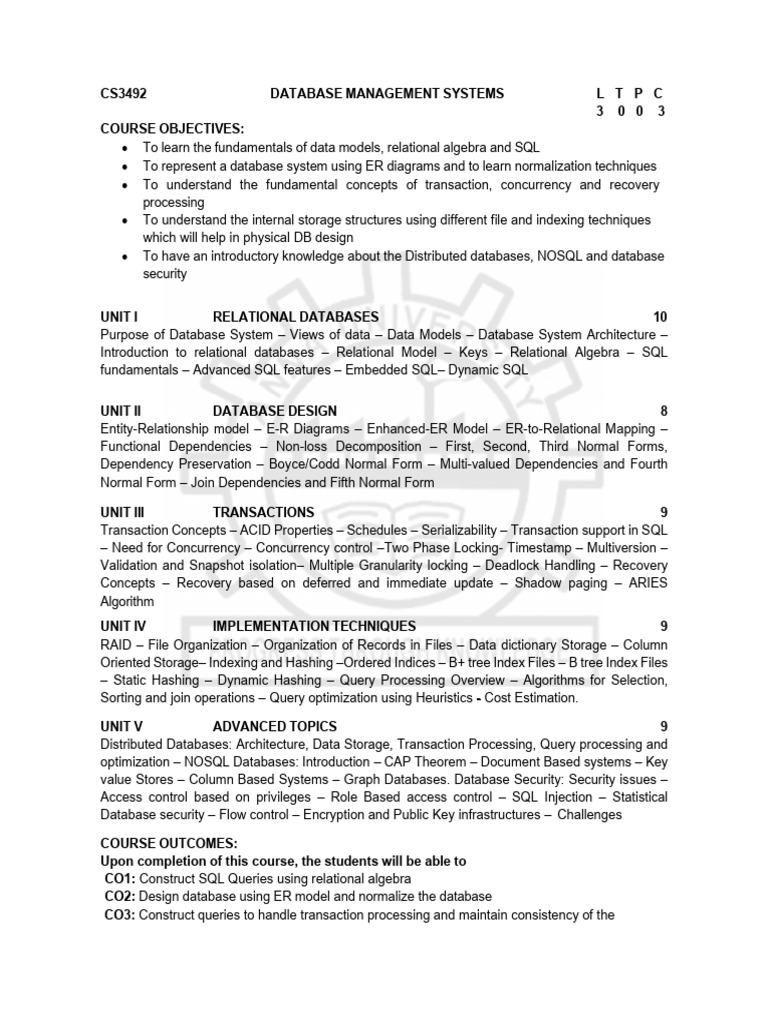 DBMS SYLLABUS | PDF | Databases | Relational Database