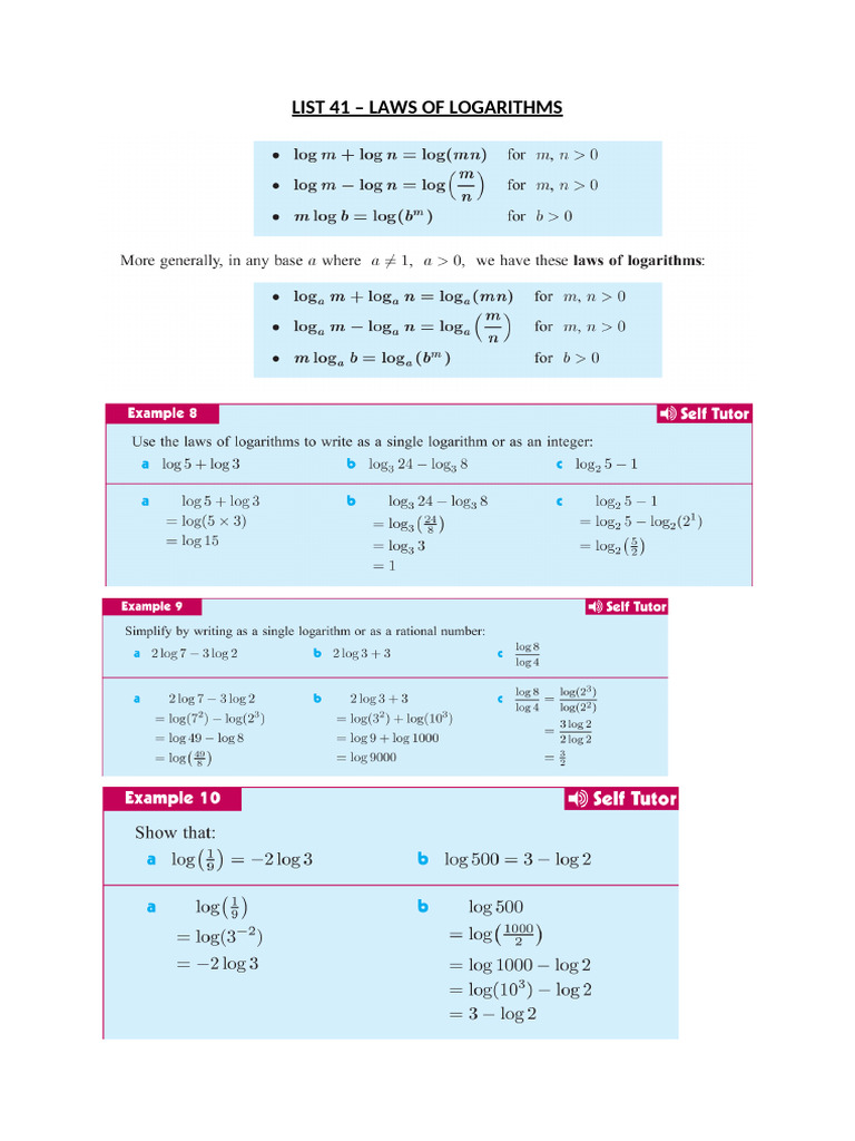 LIST 41 - LAWS OF LOGARITHMS - Kopia | PDF