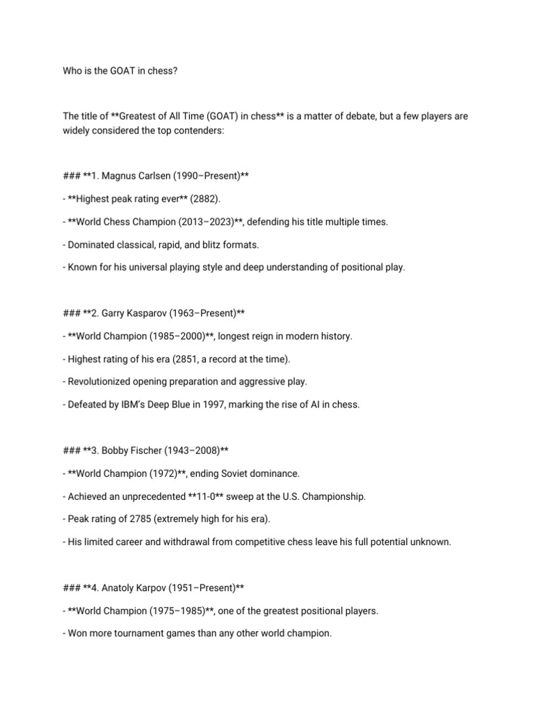 Chess GOAT: Carlsen, Kasparov, Fischer | PDF