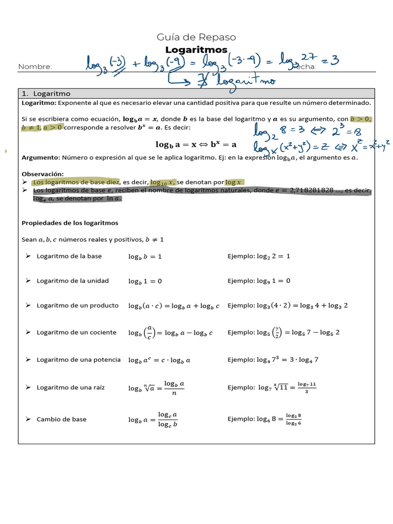 GUIA DE REPASO - Logaritmos | PDF | Logaritmo | Exponenciación