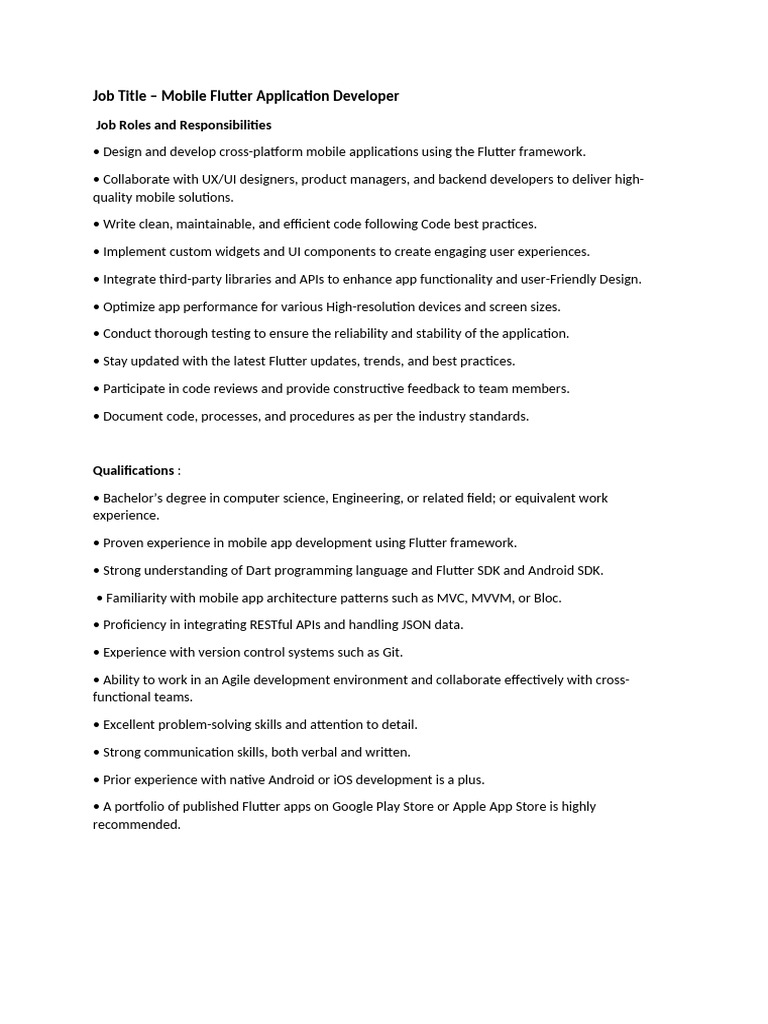 Flutter Developer Job Qualifications | PDF
